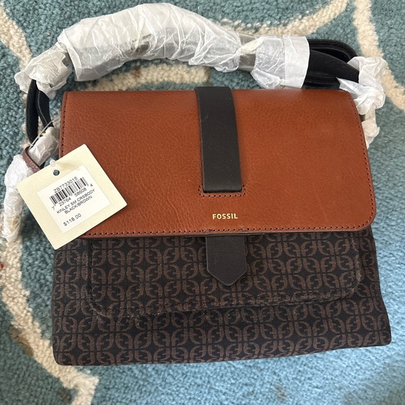 Fossil | Bags | Fossil Tan And Black Patterned Crossbody Bag | Poshmark